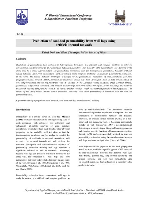 Pdf Prediction Of Coalbed Permeability From Well Logs Using Artificial Neural Network