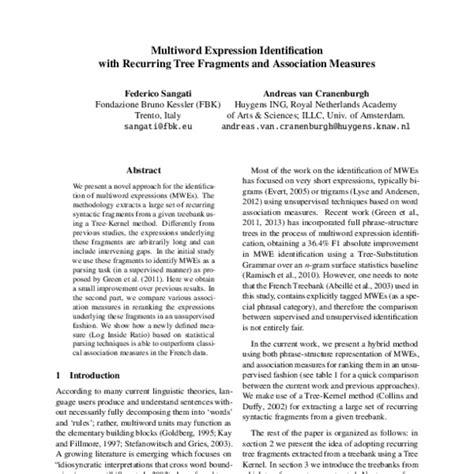 Multiword Expression Identification With Recurring Tree Fragments And Association Measures Acl