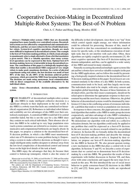Pdf Cooperative Decision Making In Decentralized Multiple Robot Systems The Best Of N Problem
