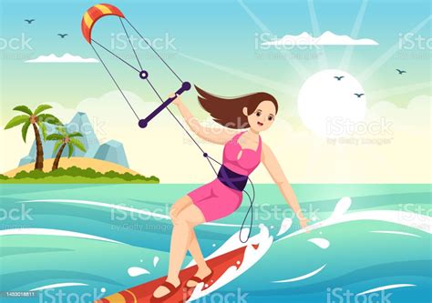 카이트서핑 일러스트레이션 카이트 서퍼는 익스트림 수상 스포츠 플랫 만화 손으로 그린 템플릿에서 여름 바다에서 카이트보드에 서