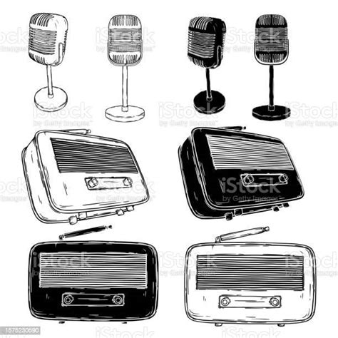 빈티지 스타일의 라디오 수신기와 마이크 복고풍 라디오와 마이크 실루엣이 흰색으로 분리되어 있습니다 디자인 요소에 대한 스톡 벡터 아트 및 기타 이미지 Istock