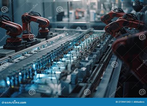 Rows Of Robotic Arms Performing Precise Assembly Tasks On Circuit