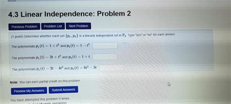 solved 4 3 linear independence problem 1 previous problem