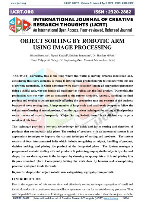 Pdf Object Sorting By Robotic Arm Using Image Processing