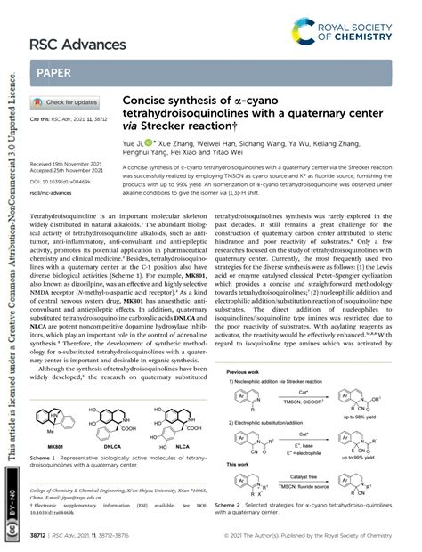 Pdf Concise Synthesis Of α Cyano Tetrahydroisoquinolines With A Quaternary Center Via Strecker