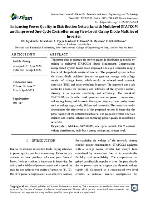 Pdf Enhancing Power Quality In Distribution Networks With Multilevel Statcom And Improved One