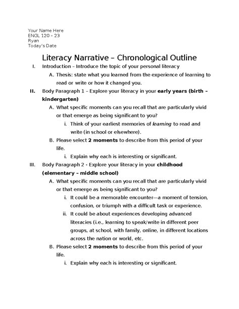 Engl 120 Literacy Narrative Outline Template For Personal Reflection