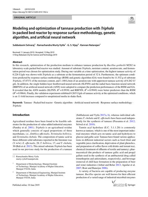 pdf modeling and optimization of tannase production with triphala in packed bed reactor by