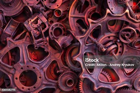 Steampunk 질감 기계 부품 장치 바퀴 Backgroung 스팀 펑크 기어 기어 자동차 부품 오래 된 녹슨 철 체인 스프링 바퀴 힙 가까이 강철에 대한 스톡 사진 및