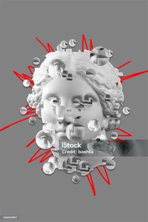 팝 아트 스타일로 인간의 얼굴조각콜라주 고대 동상 머리와 현대 창조적 인 개념 이미지 진 문화 현대 미술 포스터 펑키 펑크 미니멀리즘 복고풍 초현실적 인 디자인 조각에 대한