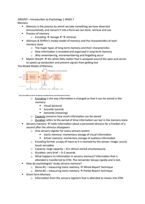 Week 7 Lecture Notes 1001psy Introduction To Psychology 1 Week 7 Memory Memory Is The