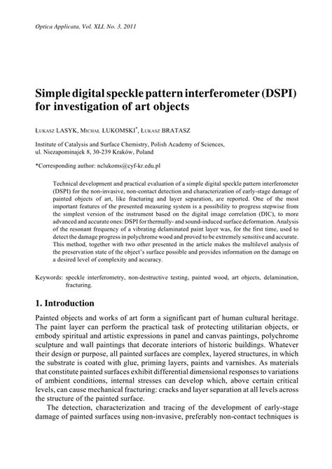 Pdf Simple Digital Speckle Pattern Interferometer Dspi For Investigation Of Art Objects