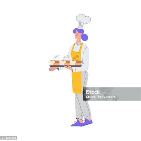 빵집 와 여자 제빵사 성격 에서 제복 석고 와 쟁반 와 뜨거운 구운 빵 덩어리 벡터 일러스트 레이 션 가정 주방에 대한 스톡 벡터 아트 및 기타 이미지 Istock