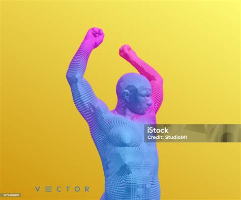 진정한 승자로 공중에 두 손을 들고 챔피언 승리와 자유 강한 남자가 손을 들고 운동 보디 빌딩 개념 광고 공간이 있는 벡터 일러스트레이션입니다 3차원 형태에 대한 스톡 벡터