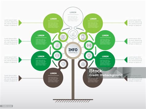 수직 인포 그래픽 또는 타임 라인입니다 에코 비즈니스의 성장과 개발의 나무 Infographic 추세 및 동향 그래프의 8 또는 9 포인트 부품 단계 또는 프로세스와