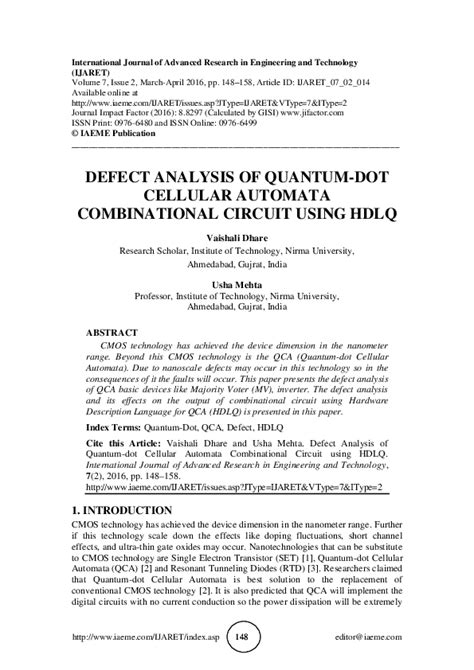 Pdf Defect Analysis Of Quantum Dot Cellular Automata Combinational Circuit Using Hdlq