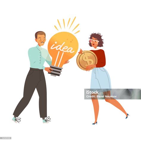 똑똑한 아이디어와 해결책으로 돈을 위해 전구를 교환하는 남자와 여자 벡터 일러스트 레이 션 개발에 대한 스톡 벡터 아트 및 기타