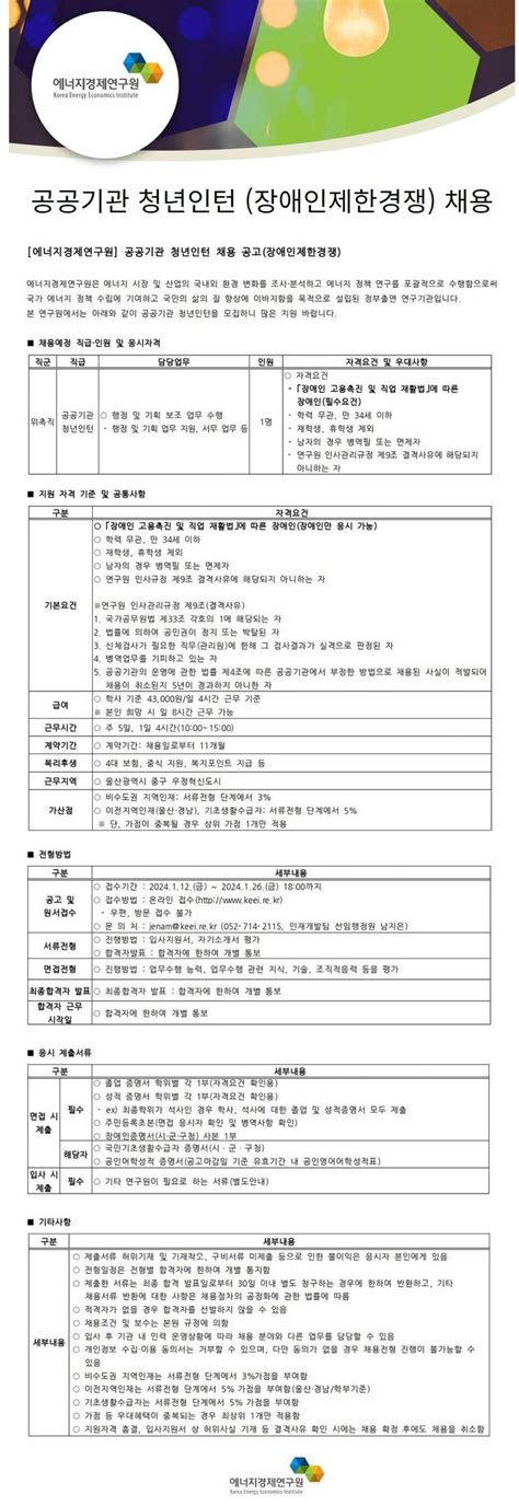 에너지경제연구원 공공기관 청년인턴 장애인제한경쟁 채용 공모전 대외활동 링커리어