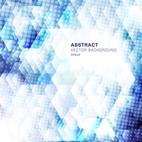 Abstract White And Blue Geometric Hexagons Shapes Overlapping Background With Dots Halftone