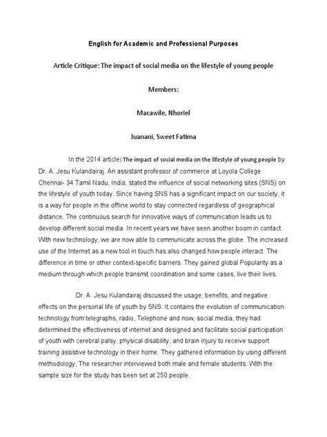 Example Of Critique Paper Pdf Social Networking Service Social Media