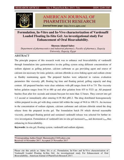 Pdf Formulation In Vitro And In Vivo Characterization Of Vardenafil Loaded Floating In Situ