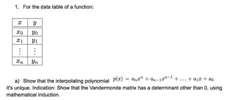 solved 1 for the data table of a function to yo tnyn