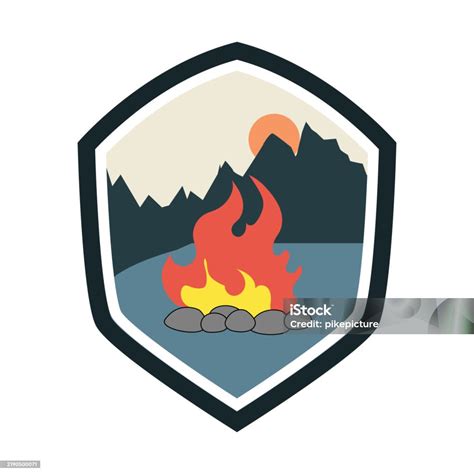 노스탤지어 복고풍 모닥불 배지 만화 벡터 일러스트 레이 션 만화에 대한 스톡 벡터 아트 및 기타 이미지 만화 모닥불 모험 Istock