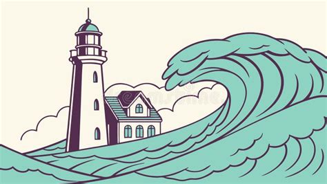 Lighthouse Facing Large Ocean Wave Dramatic Coastal Scene Vector Design Generative Ai Stock