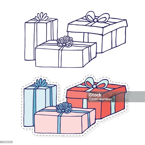 색상과 윤곽에 선물 상자 흰색으로 격리된 선물 아이들을위한 색칠 공부 책 페이지 선물 상자 장식을 축하합니다 기념일에 대한 스톡
