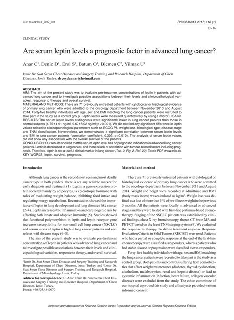Pdf Are Serum Leptin Levels A Prognostic Factor In Advanced Lung Cancer