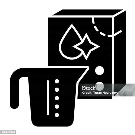 세척 파우더와 계량 컵 솔리드 아이콘입니다 흰색에 분리된 세제 벡터 그림 세탁 장비 글리프 스타일은 앱을 위해 설계되었습니다 Eps 10 세정제에 대한 스톡 벡터 아트 및