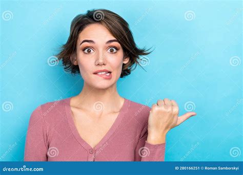 Closeup Photo Of Funny Lady Direct Thumb Finger Empty Space Commercial