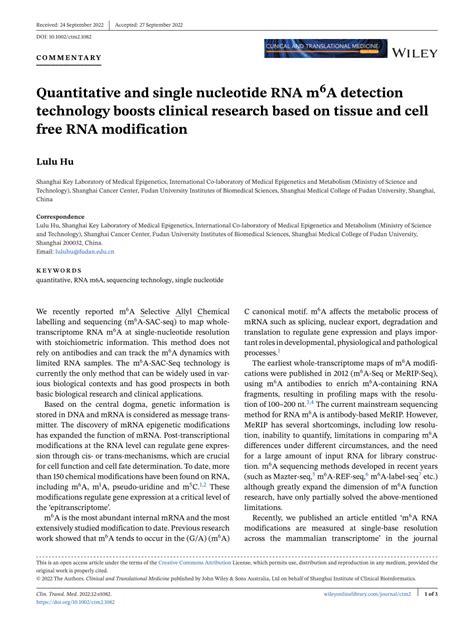 Pdf Quantitative And Single Nucleotide Rna M 6 A Detection Technology Boosts Clinical Research