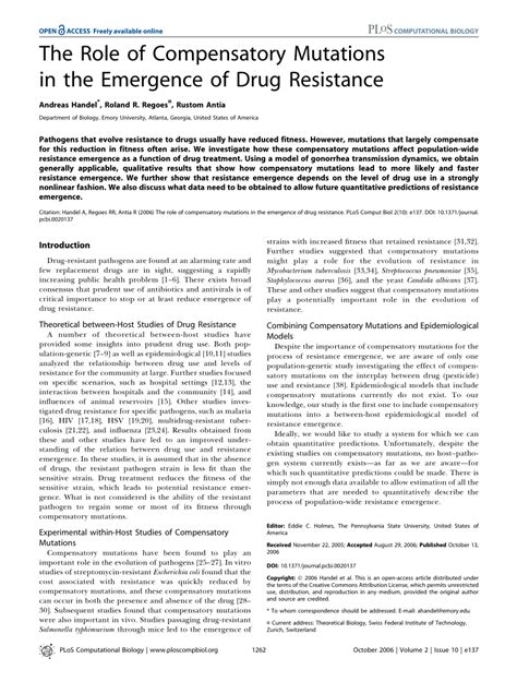 Pdf The Role Of Compensatory Mutations In The Emergence Of Drug