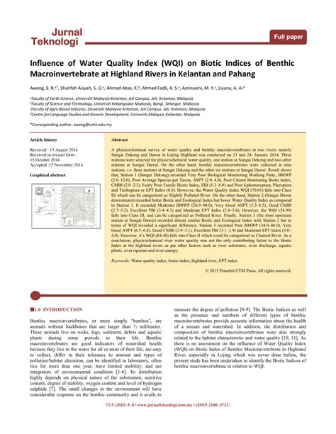 Pdf Influence Of Water Quality Index Wqi On Biotic Indices Of