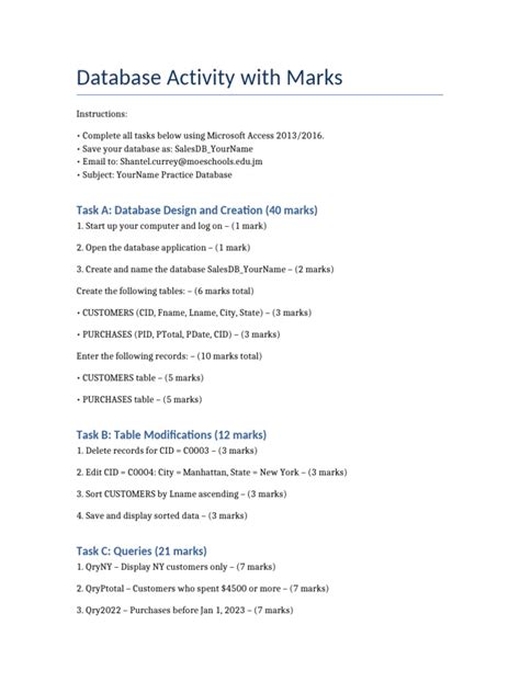 Databaseactivityassignmentwithmarks Pdf Databases Microsoft