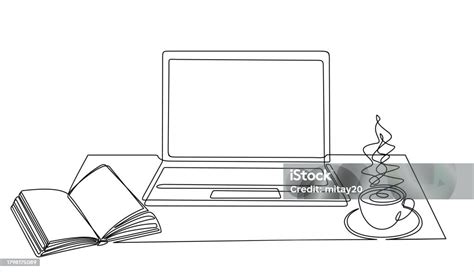 컴퓨터 노트북 책 커피 한 잔의 연속적인 선 그리기 공부 공간 책상 개념 단일 선 그리기 디자인 벡터 그림 개념에 대한 스톡
