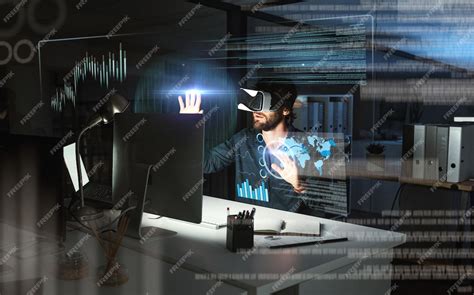 Virtual Reality Business Man And Data In Office By Computer For