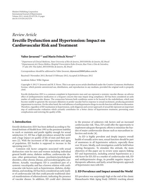 Pdf Erectile Dysfunction And Hypertension Impact On Cardiovascular Risk And Treatment