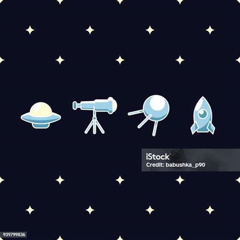 비행 접시 천체 망원경 우주 위성 및 우주 로켓 벡터 일러스트 레이 션은 진한 파란색 배경에 고립 코스모스 벡터 아이콘 계획에 대한 스톡 벡터 아트 및 기타 이미지 Istock