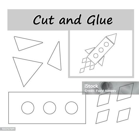 แผ่นงาน Diy สีตัดบางส่วนของภาพและกาวบนกระดาษ จรวดจากรูปทรงเรขาคณิต ภาพประกอบสต็อก ดาวน์โหลดรูป