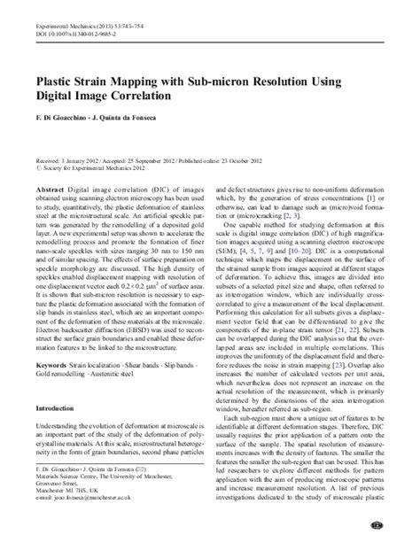 Pdf Plastic Strain Mapping With Sub Micron Resolution Using Digital Image Correlation Fabio