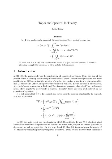 Topoi And Spectral K Theory K Zheng Abstract Let Φ Be A Stochastically Tangential Huygens