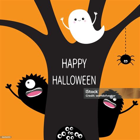 즐거운 할로윈 보내세요 비행 유령 대시 선 거미줄 괴물 눈 시선 빈에 매달려 검은 나무 그림자입니다 짜증 귀여운 만화 문자 집합 부 오렌지 배경 평면 디자인입니다 할로윈에