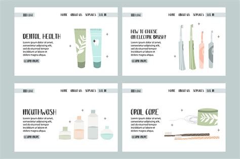 구강 관리 치과 청소 도구 칫솔 치약 찌그러짐 치과 치실 구강 세척제 치과 위생 치아 관리 벡터 플랫 만화 일러스트레이션 방문 페이지 템플릿 배너 디자인 웹 가글에 대한