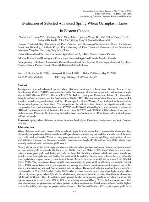 Pdf Evaluation Of Selected Advanced Spring Wheat Germplasm Lines In Eastern Canada