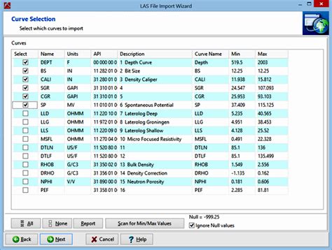 Import LAS Data Select The Curves To Import
