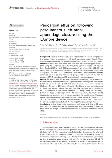 Pdf Pericardial Effusion Following Percutaneous Left Atrial Appendage Closure Using The Lambre