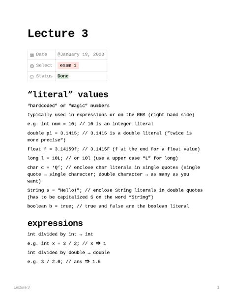 Lecture 3 On Literals And Expressions Lecture 3 1 Lecture 3 Date Select Exam 1 Status Done
