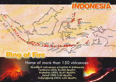 Postcard A La Carte Indonesia Ring Of Fire Map Of 150 Volcanoes